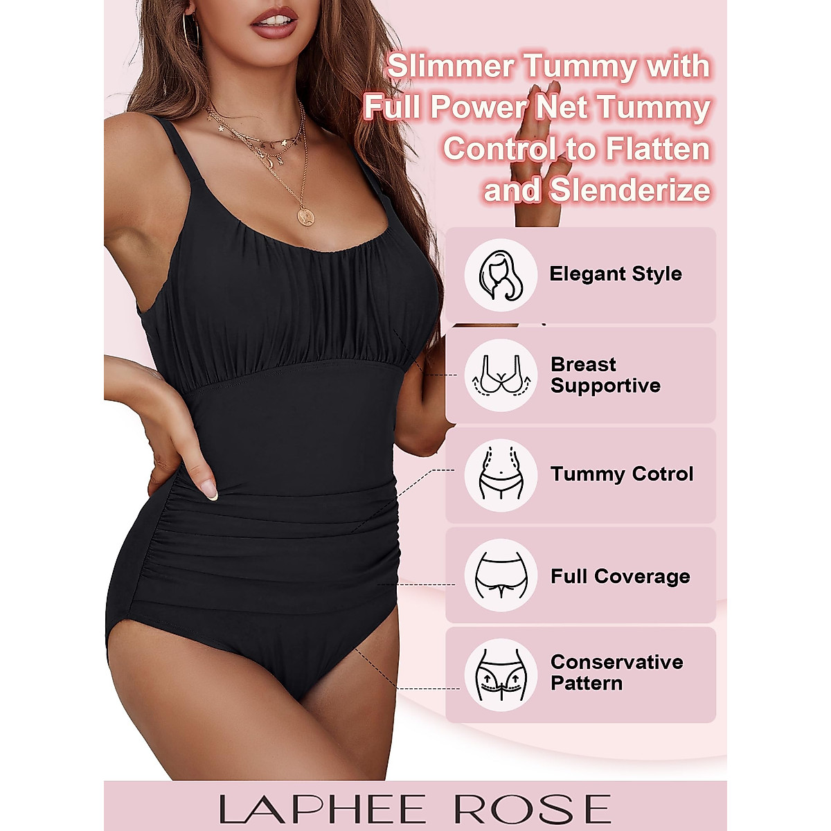 LAPHEE ROSE One Piece Swimsuit for Women Tummy Control Bathing Suits Ruched Swimwear-Black-M