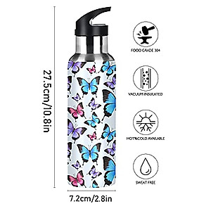 Vnurnrn Art Cute Insect Butterfly Sports Water Bottles with Straw Insulated Stainless Steel Vacuum Flask Keeps Hot and Cold for Kids Adult Travel