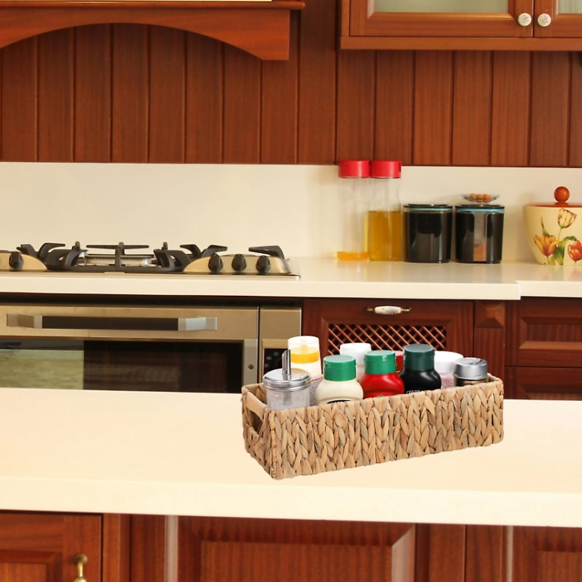 2 Pack Wicker Storage Baskets, Water Hyacinth Holder for Toilet Paper, Rectangular Natural Bins with Built-in Handles, Handwoven Organizer for Bathroom Kitchen Pantry Tank Top, 2 Sizes