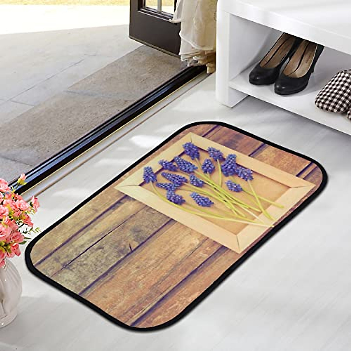 Soft Foam Area Rugs Blue Flowers on Wooden Photo Washable Non Slip Kitchen Rugs Bath Rug for Home Decor Indoor/Outdoor 23.6x15.7in