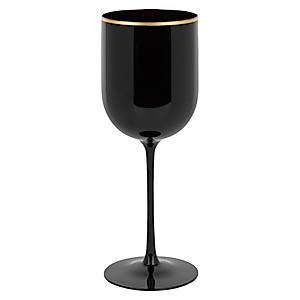 EcoQuality Plastic Black Wine Glasses with Gold Rim - 12 oz Wine Cups with Stem, Disposable Shatterproof Wine Goblets, Reusable, Elegant Drink Cups Tumbler for Weddings, Parties, Receptions (2 PACK)