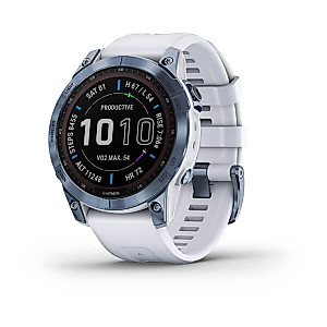 Garmin Fenix 7 Sapphire Solar Edition Smart Watch Mineral Blue Titanium with Whitestone Band (47mm) + Watch Charging Stand + USB Car/Wall Adapter + 6TH AVE Cleaning Kit (010-02540-24)