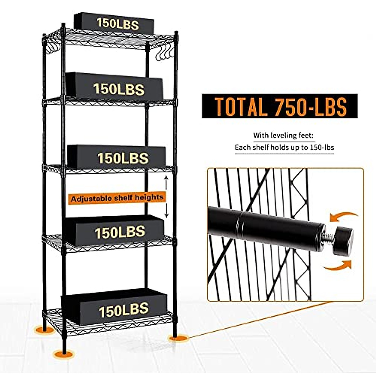 wenyuyu 5 Tier Storage Shelf Rack Black Metal Heavy Duty Wire Shelving Unit Organizer Shelves for Pantry Garage Closet Kitchen Laundry Bathroom (Black)