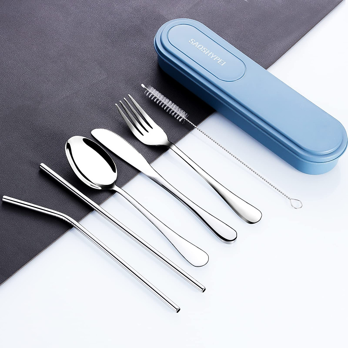 Portable Utensils Set with Case, 4pcs Stainless Steel Reusable Silverware for Lunch Camping School Picnic Workplace Travel, Lunch Box Includ Fork Spoon Knife,Easy to clean,Dishwasher Safe(Black)