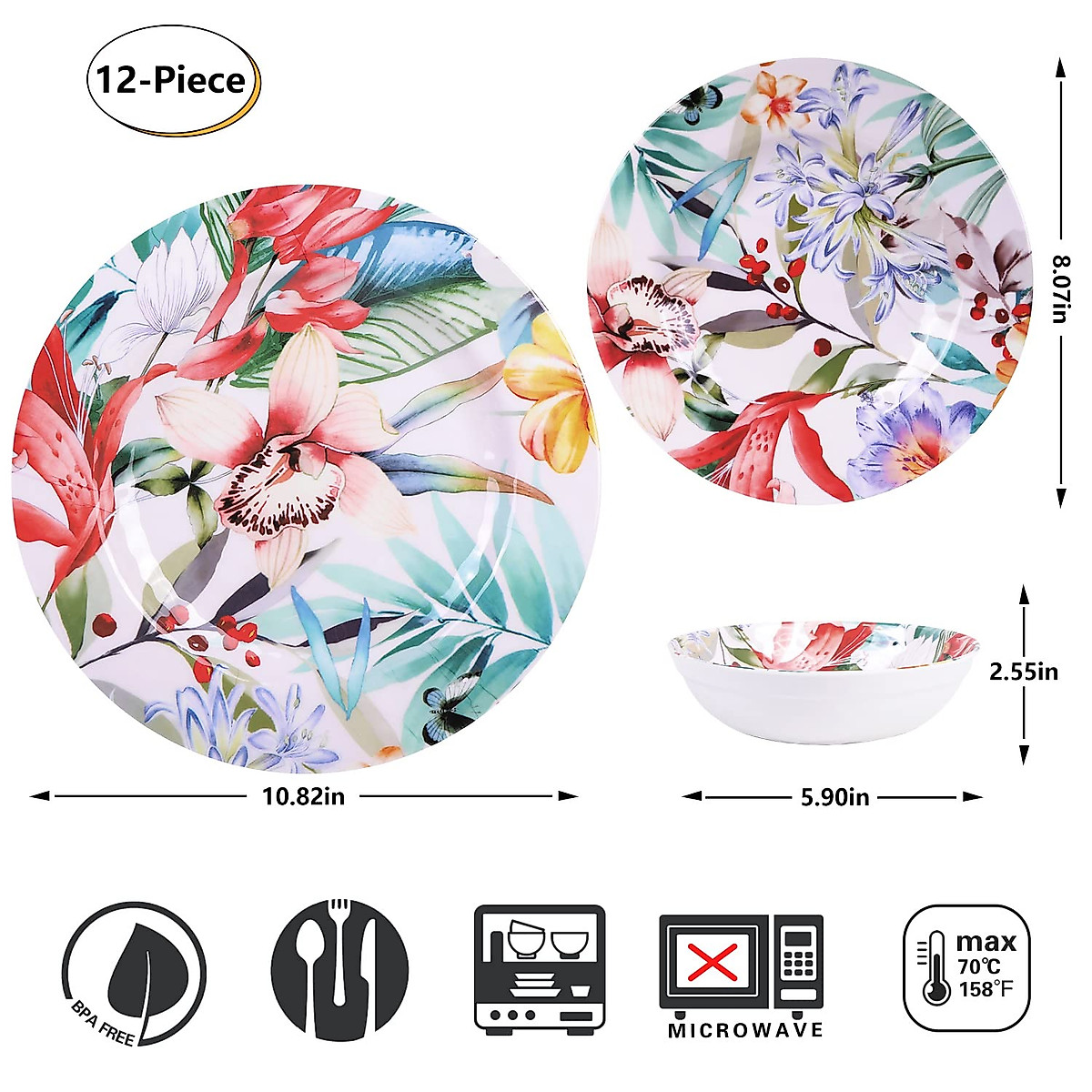 Melamine Dinnerware Sets 12 Pcs Plates and Bowls Sets Lightweight Unbreakable Natural Elements Pattern Dinner Plates Salad Bowls Outdoor Dishes Set for 4 BPA Free Dishwasher Safe (Red)