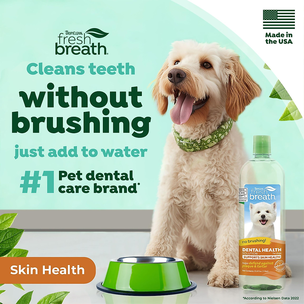 TropiClean Fresh Breath with Omega 3 & 6 for Skin Health | Dog Breath Water Additive | Dental Care | Dog Breath Freshener | Simple Pet Teeth Cleaning | Made in USA | 33.8 oz