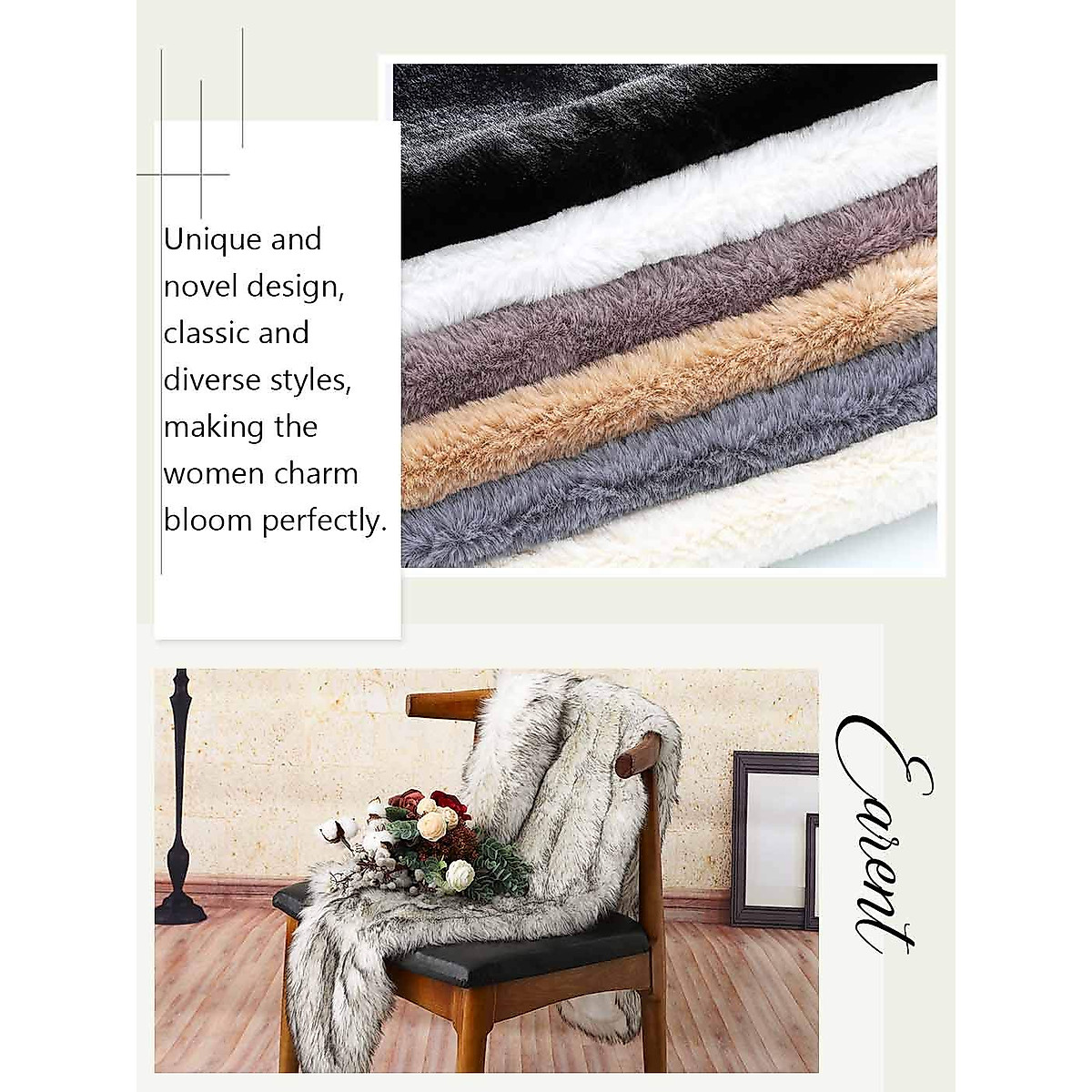 EARENT Women's Faux Fur Shawls and Wraps 1920s Bride Wedding Fur Scarf Bridal Fur Stoles for Brides and Bridesmaids (White+Black)