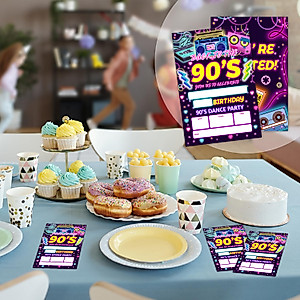 YUEXLL 90's Birthday Party Invitations Cards with Envelopes, Back to the 90's Party Invitations, Neon Birthday Celebration Supplies, Double-sided Fill-in bday Invites for Boys Girls- A18