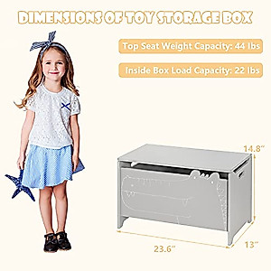 INFANS Wooden Toy Chest, Wide Kids Toy Box Storage Space with Safety Hinge Handles, Toddler Cabinet Organizer for Bedroom Playroom Living Room Entryway