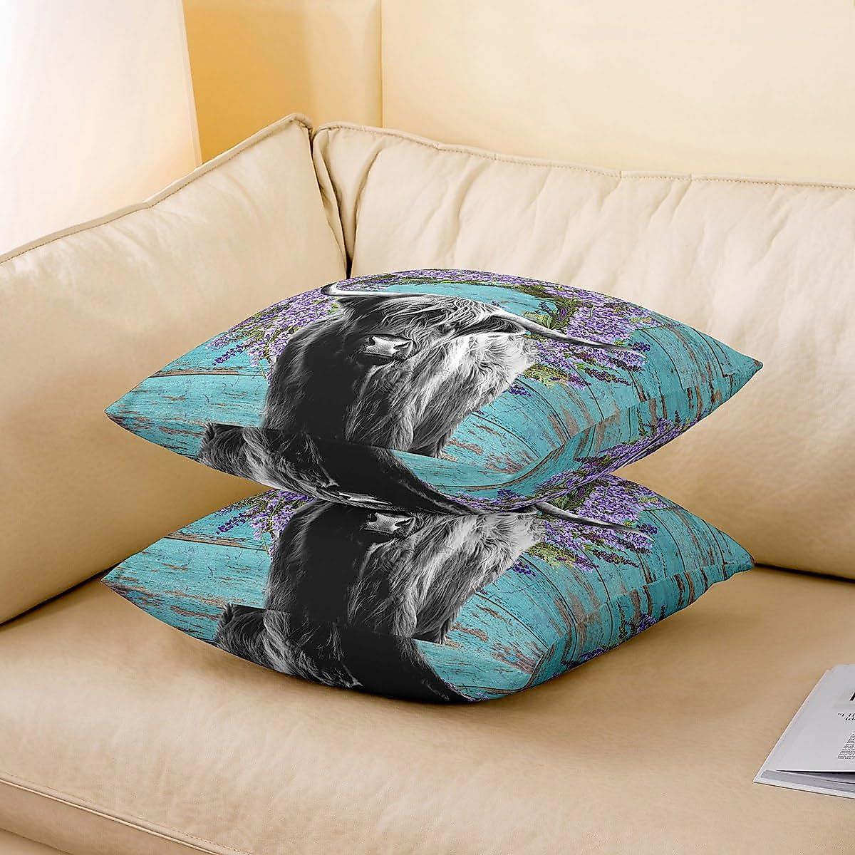 Rustic Farmhouse Wooden Board Pillow Cover Reversible Print for Bed or Sofa,Lavender Flowers Wreath Decorative Cushion Cover,Highland Cow Bull Cattle Couch Pillow Cover,Single Pack 24"x 24"