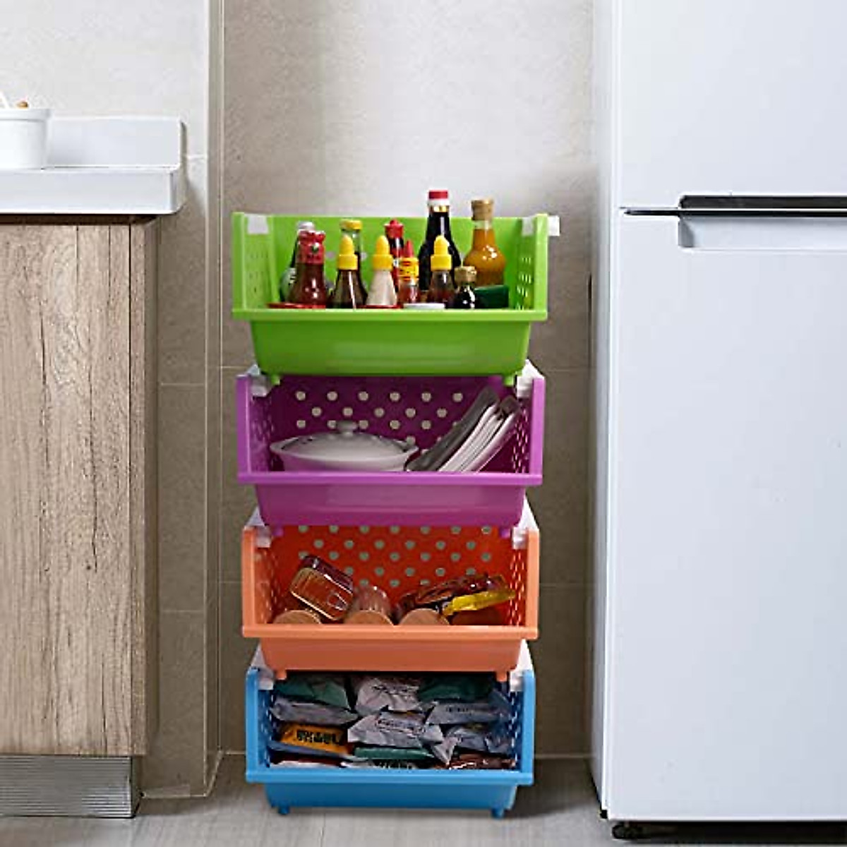 Pekky 4-Pack Large Stackable Storage Bins, Colored Plastic Stacking Basket