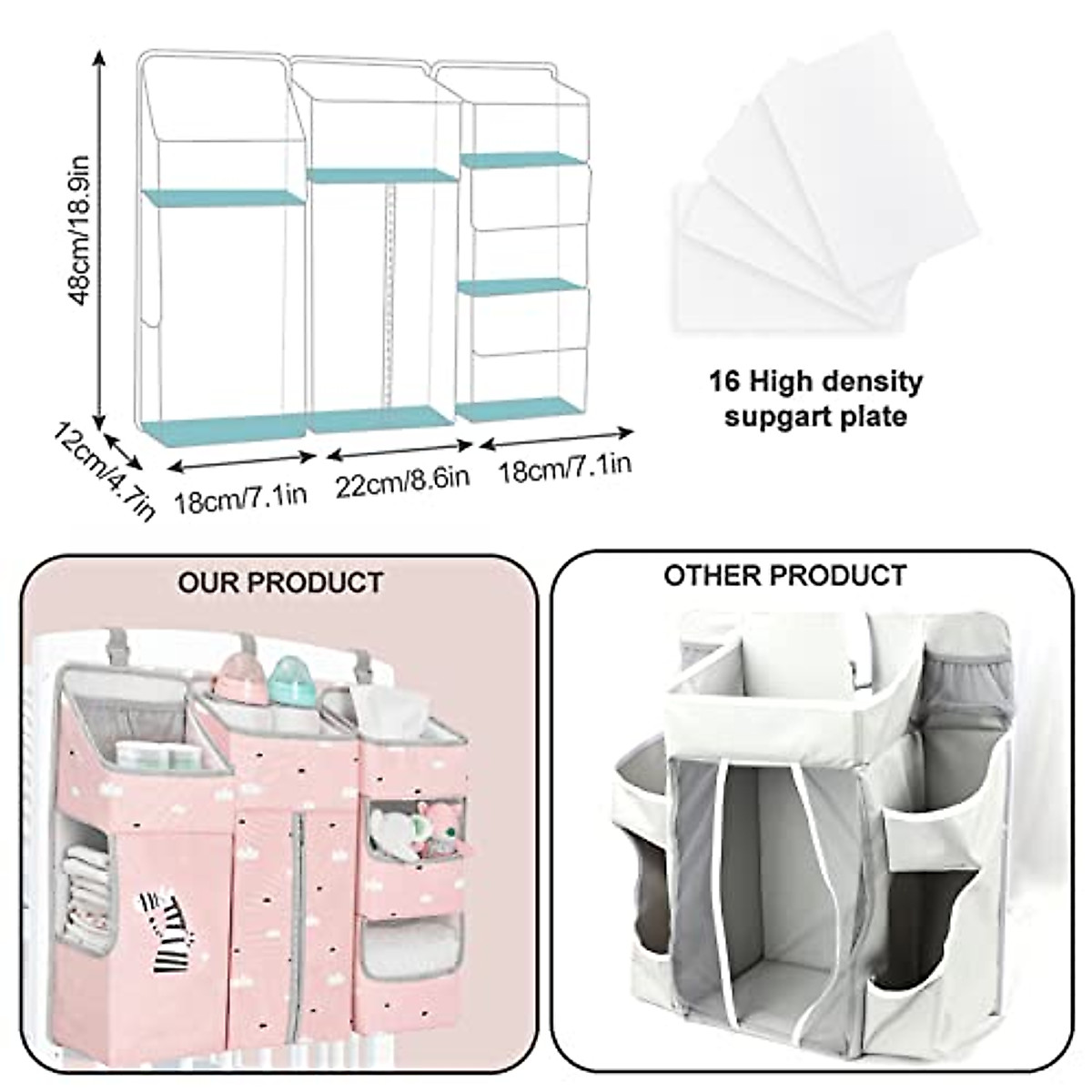 NGORAY Hanging Baby Diaper Caddy Organizers for Crib - 3-in-1 Diaper Stacker for Changing Table Nursery Organization Storage Holder for Baby Essentials Attachment Portable Combining Clothing (Pink)
