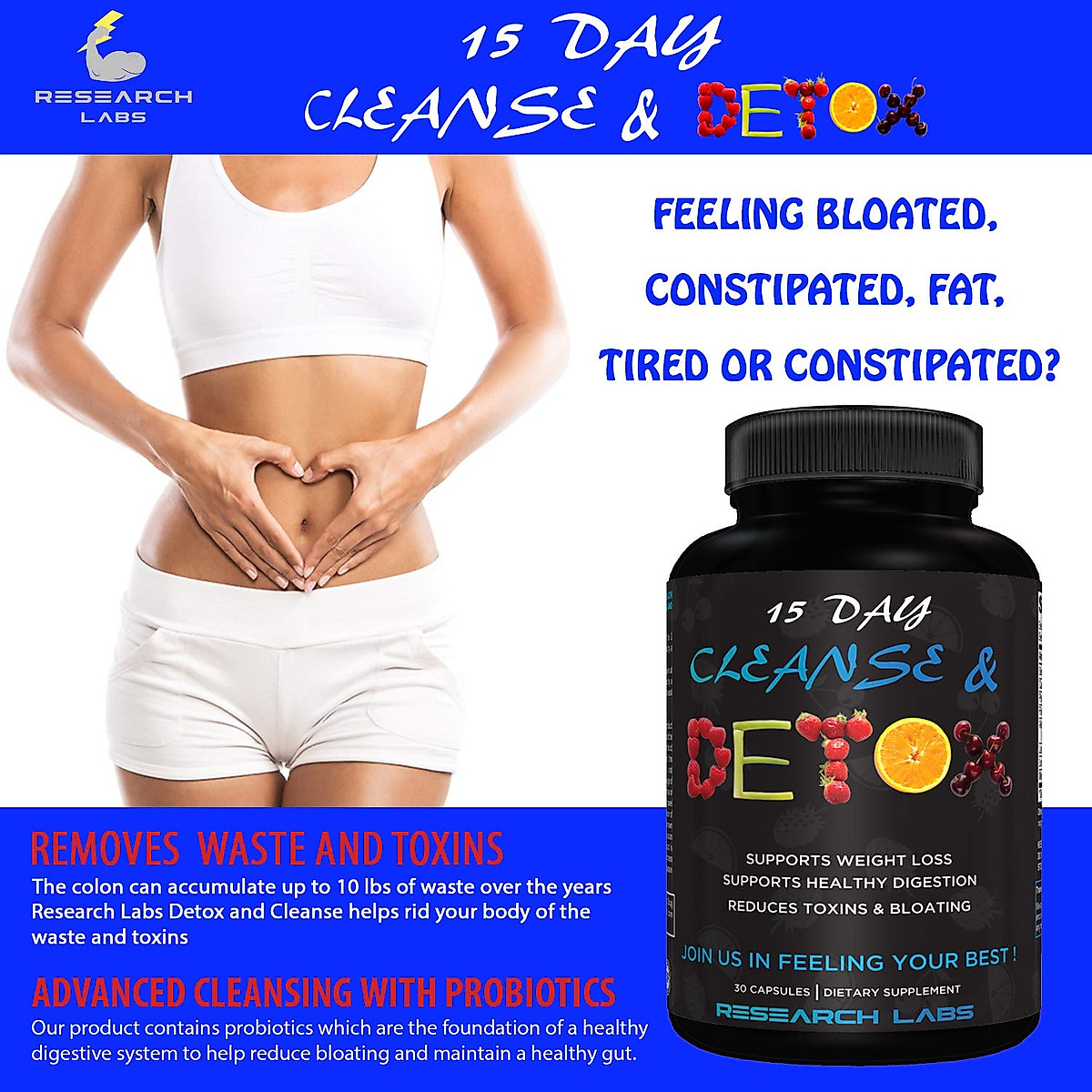 Research Labs 15 Day Colon Cleanse & Detox for Less Bloat Flat Tummy w/Probiotics - 2 Fer 1 - Constipation Relief - Flushes Toxins, Boosts Energy. Clinically Researched Safe and Effective Formula
