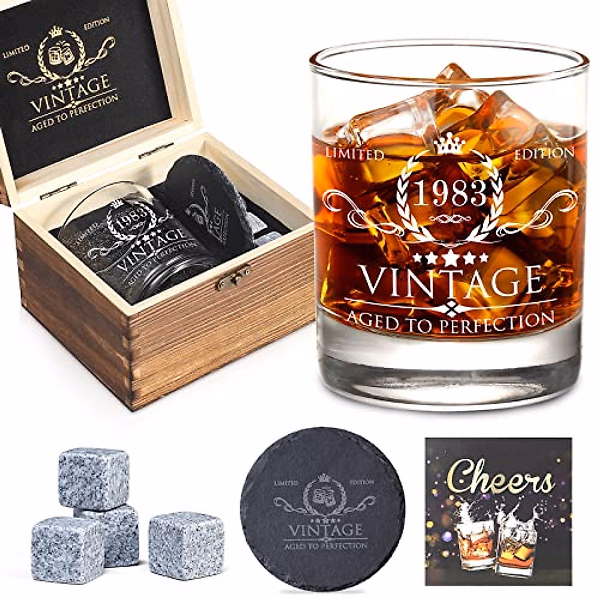 40th Birthday Gifts for Men Whiskey Glass Set - 40th Birthday Decorations, Party Supplies - 40 Year Anniversary, Bday Gifts Ideas for Him, Dad, Husband, Friends - Wood Box & Whiskey Stones & Coaster
