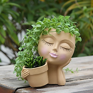 LTSUMI Face Flower Pot Head Planter Succulent Pot Planter Cactus Planter Unique Cute Resin Planter Pot for Indoor Outdoor Plants with Drainage Hole(Double Pots)