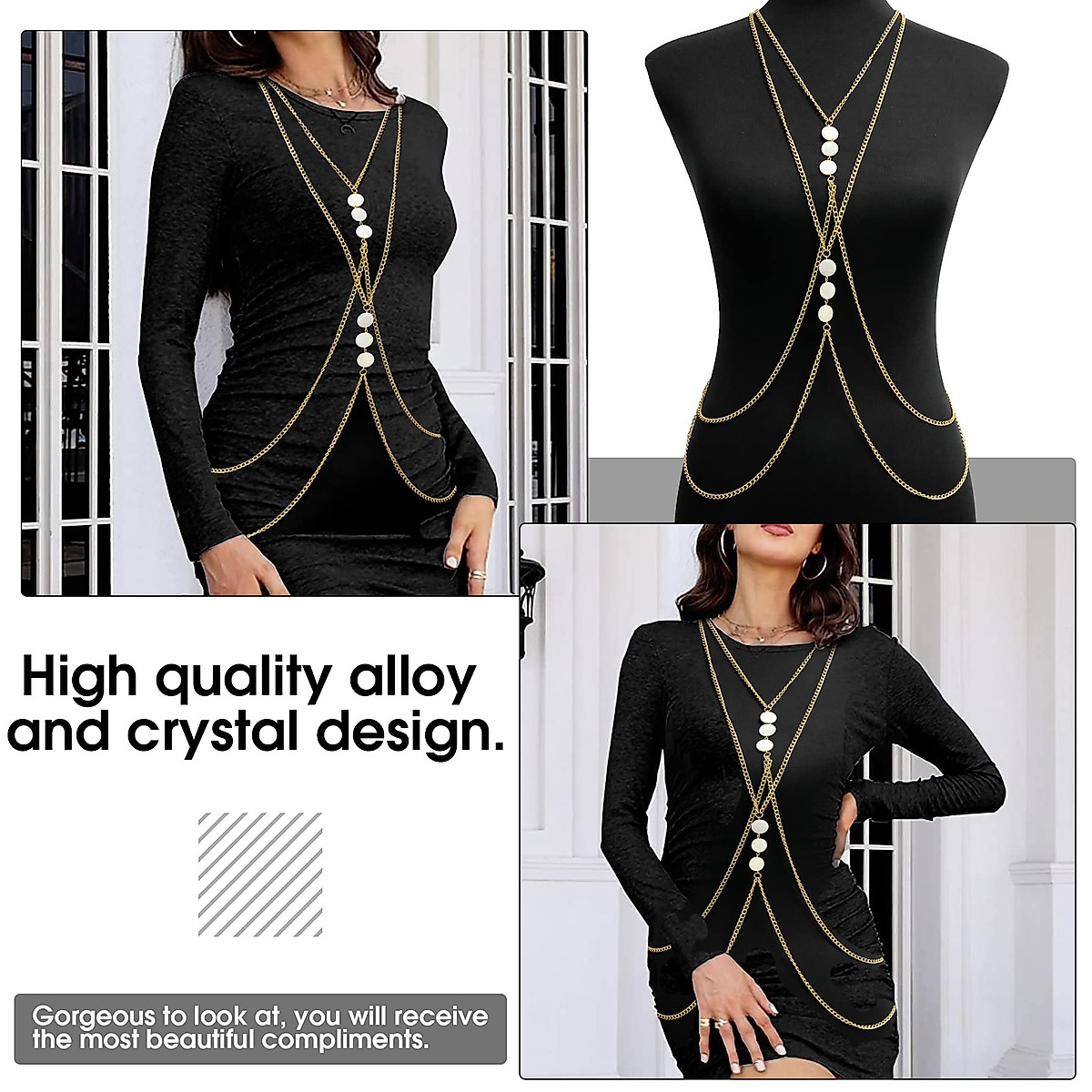 Yomiie Body Chain Layered Sexy Gold Tassels Necklace Fashion White Disc Jewelry Belly Waist Bra Hot Bikini Beach Harness Birthday Anniversary Festival Gift for Women Lady Girls