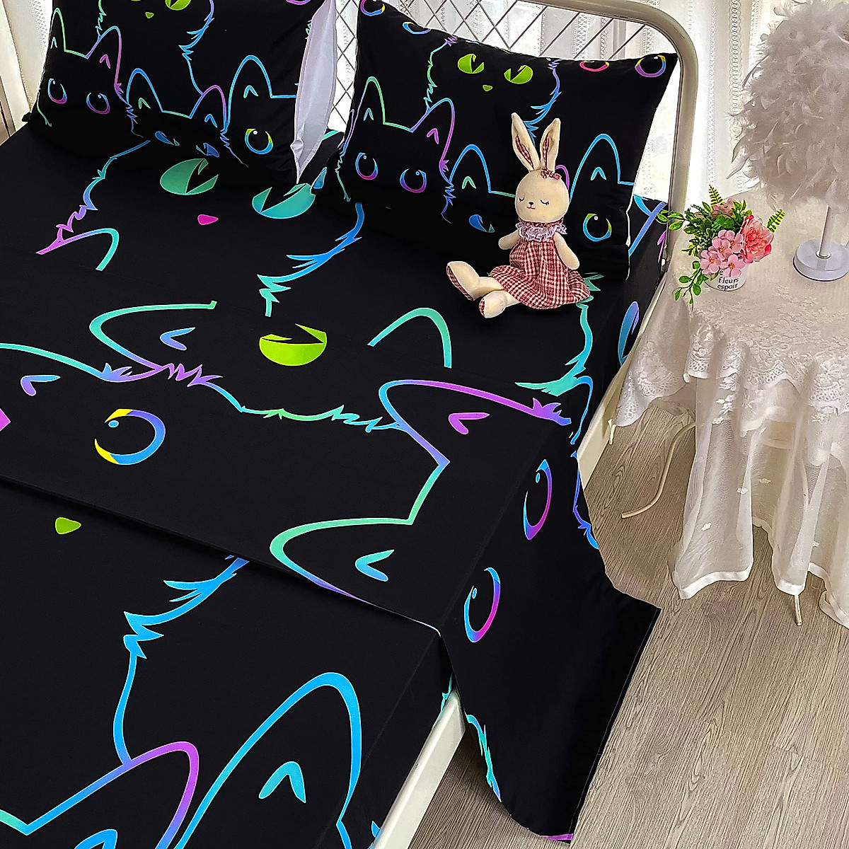 BailiPromise Cute Cartoon Cat Sheets Set Twin Size,Kawaii Simple Strokes Animals Kids Bed Sheets with Pillowcase,Cot Sheets Fitted Sheet with 16" Deep Pocket,for Girls Boys Teen Bedding 4 Piece Set