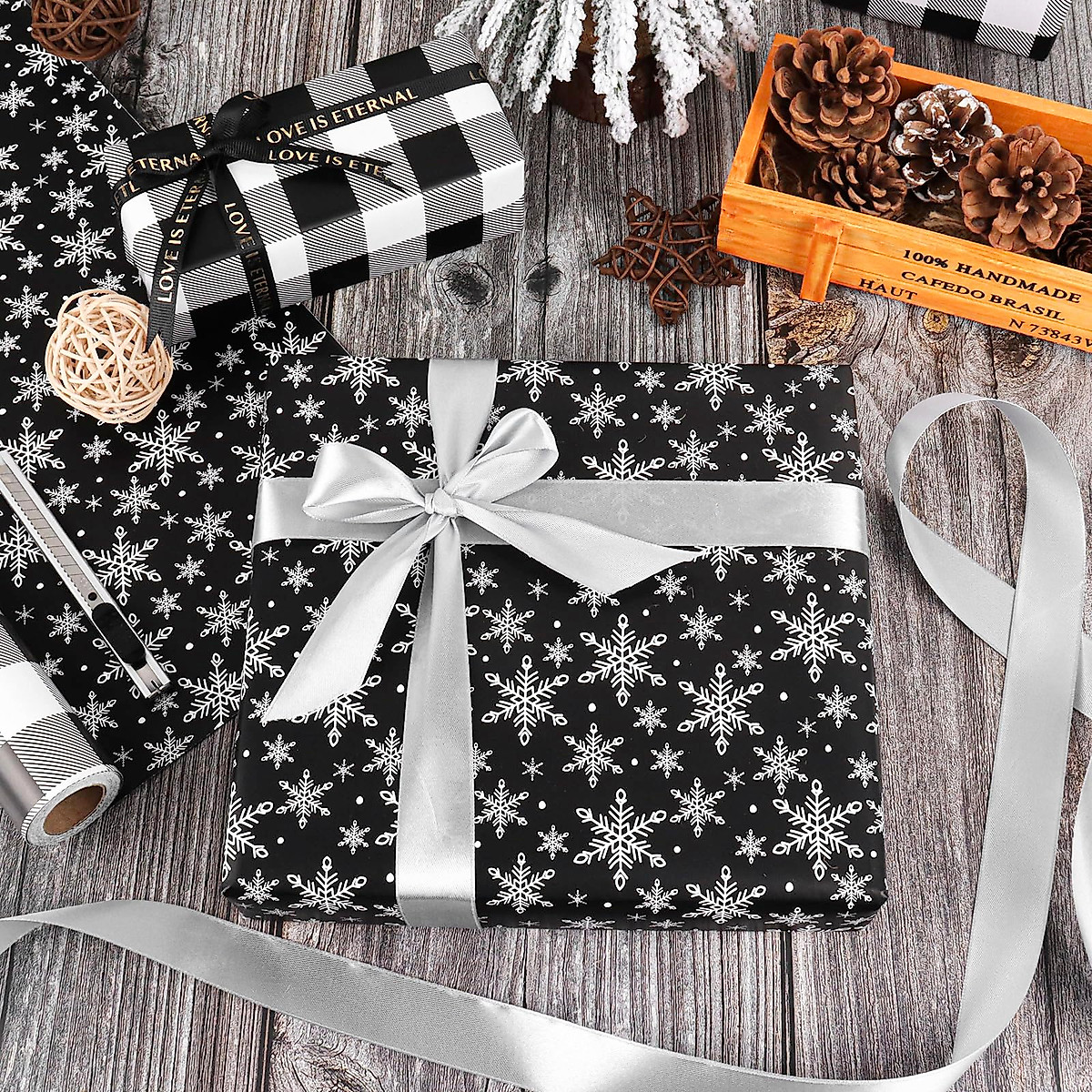 FIEHALA Reversible Christmas Wrapping Paper Jumbo Roll - Black Buffalo Plaid & Snowflakes Patterns - 30 inches x 100 Feet