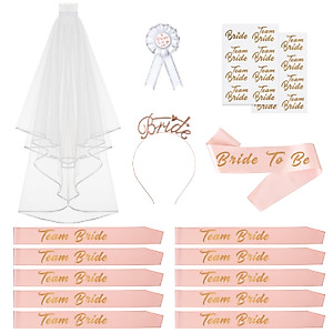 Fontien Bride to Be Bachelorette Party Supplies, 16pcs Bachelorette Party Decorations Kit Bride to Be Sash Veil Tiara Tattoos for Bridal Shower Wedding Decorations, Rose Gold