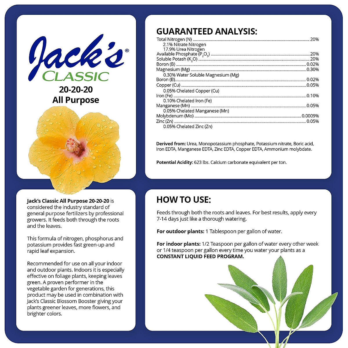 Jack's Classic 20-20-20 All Purpose Water-Soluble Fertilizer with Micronutrients to Provide General Growth on All Plants, 10lbs