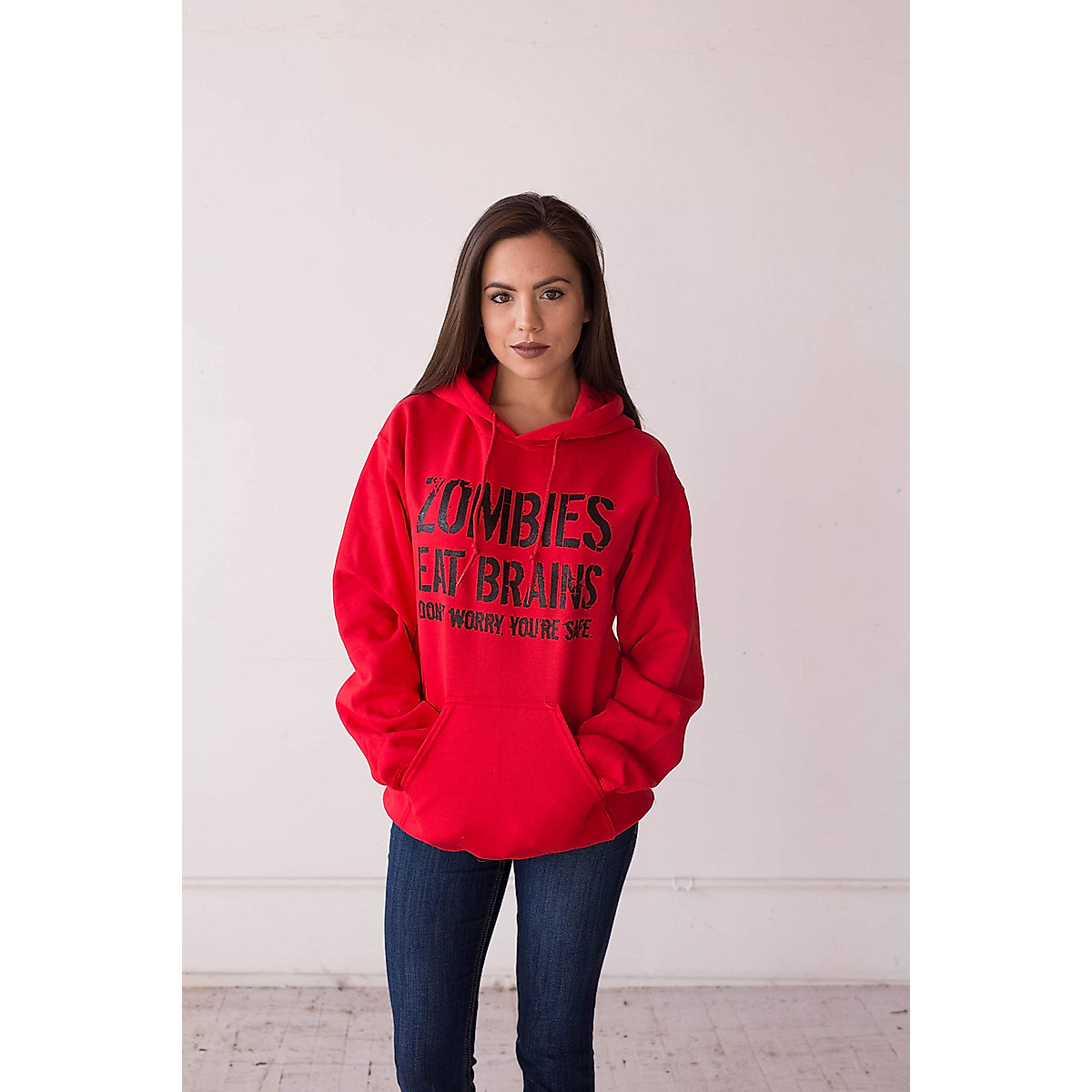 Crazy Dog Unisex Zombies Eat Brains Don't Worry You're Safe Novelty Hoodie Funny Halloween Sweat Shirt Undead Sarcastic Humor Sweater Light Heather Grey XXL