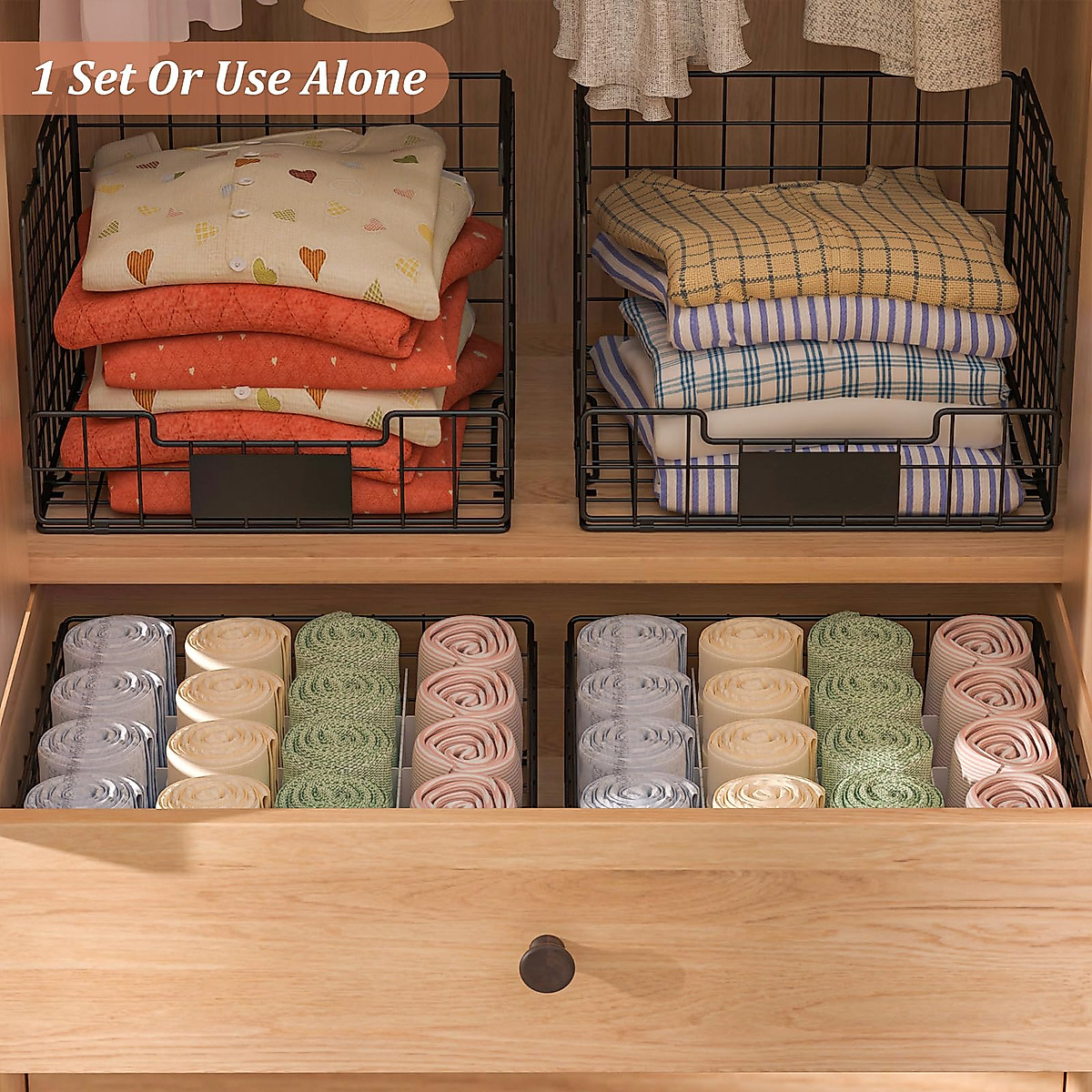 4 Pack Closet Organizers and Storage, Stackable Closet Storage Shelves, Clothes Storage Organizer Basket Bins/Containers with Dividers for Wardrobe, Closet Organization (Black-Sturdy Wire Metal Frame)