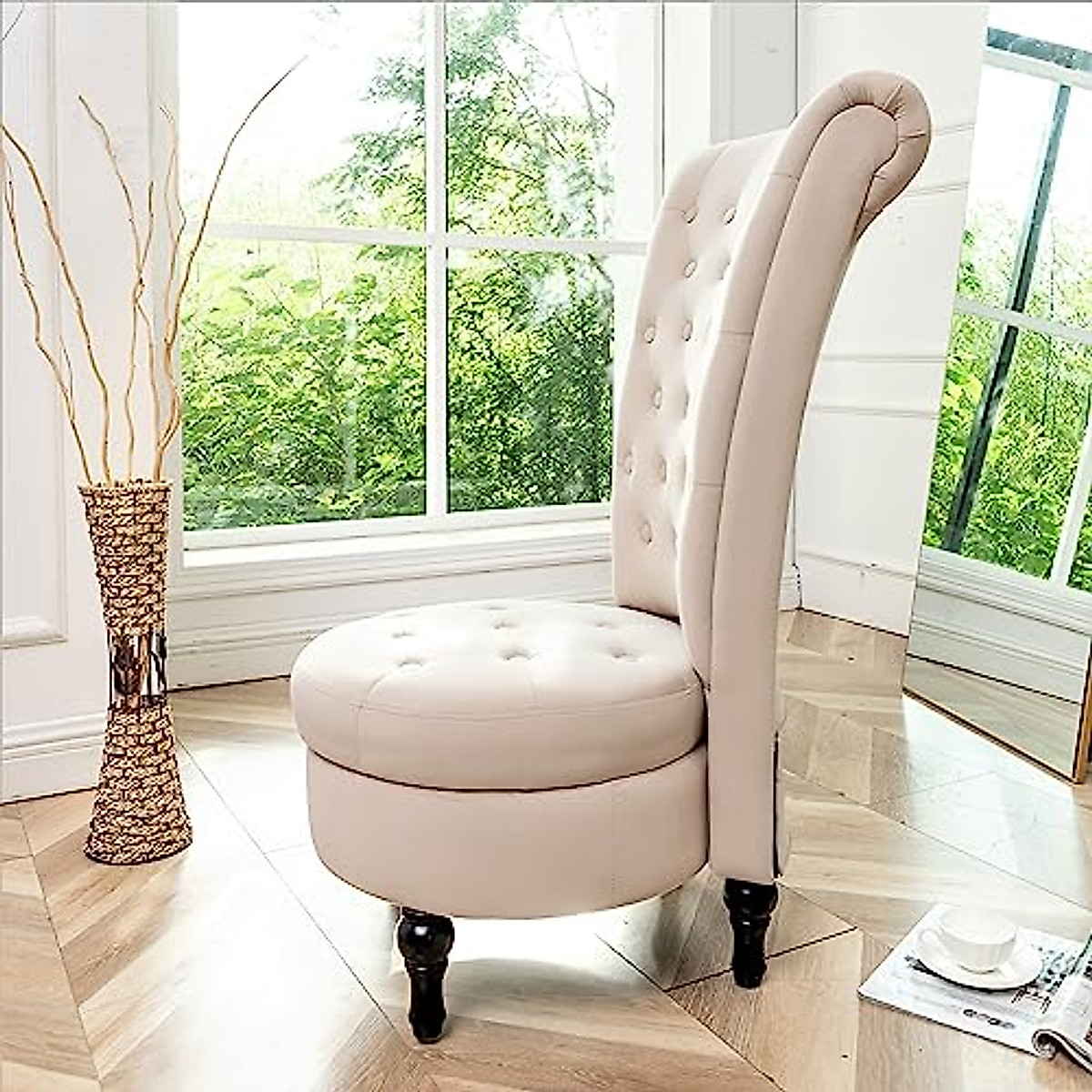 Container Furniture Direct Royal High-Back Velvet Accent Chair for Vanity with Storage and Luxurious Upholstery, Retro Design and Versatile Usage for Living Room, Bedroom, Lounge and Office, Ivory