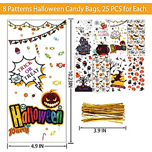 WOONOO 200PCS Halloween Treat Bags Candy Bags for Trick or Treat, 8 Designs Halloween Goodie Bags for Kids Party Supplies, Halloween Cellophane Bags Halloween Party Favor for Kids