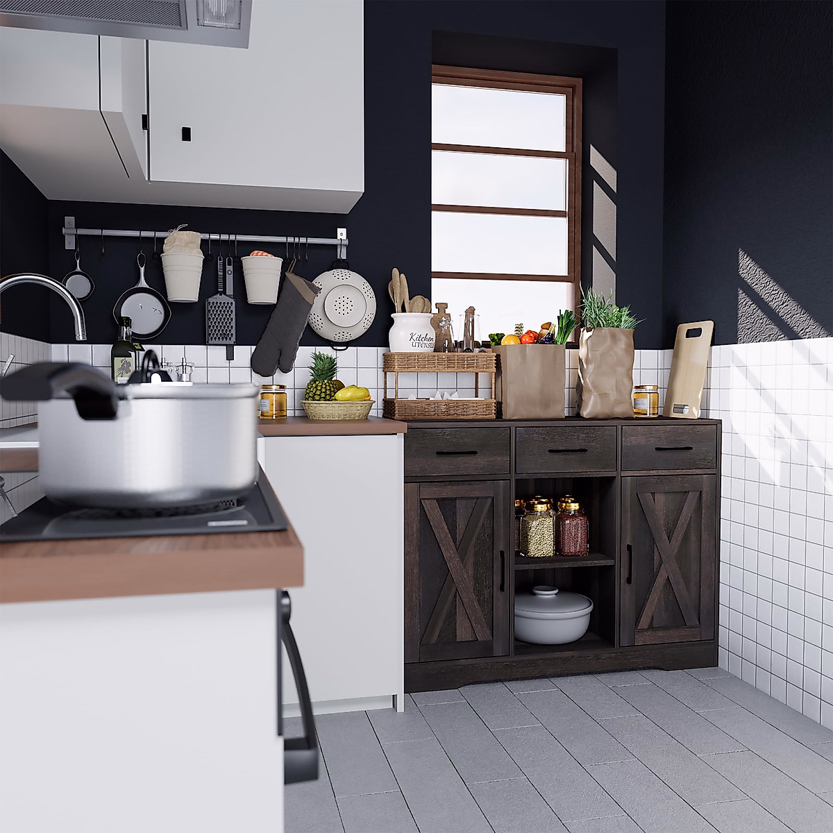 VVFLU Sideboard Buffet Cabinet with Storage Kitchen Farmhouse Coffee Bar Cabinet, Drawers, Removable Wine Rack, Wine Glass Rack, Barn Doors, Adjustable Shelves for Dinning Room, Brown (Coffee Wood)