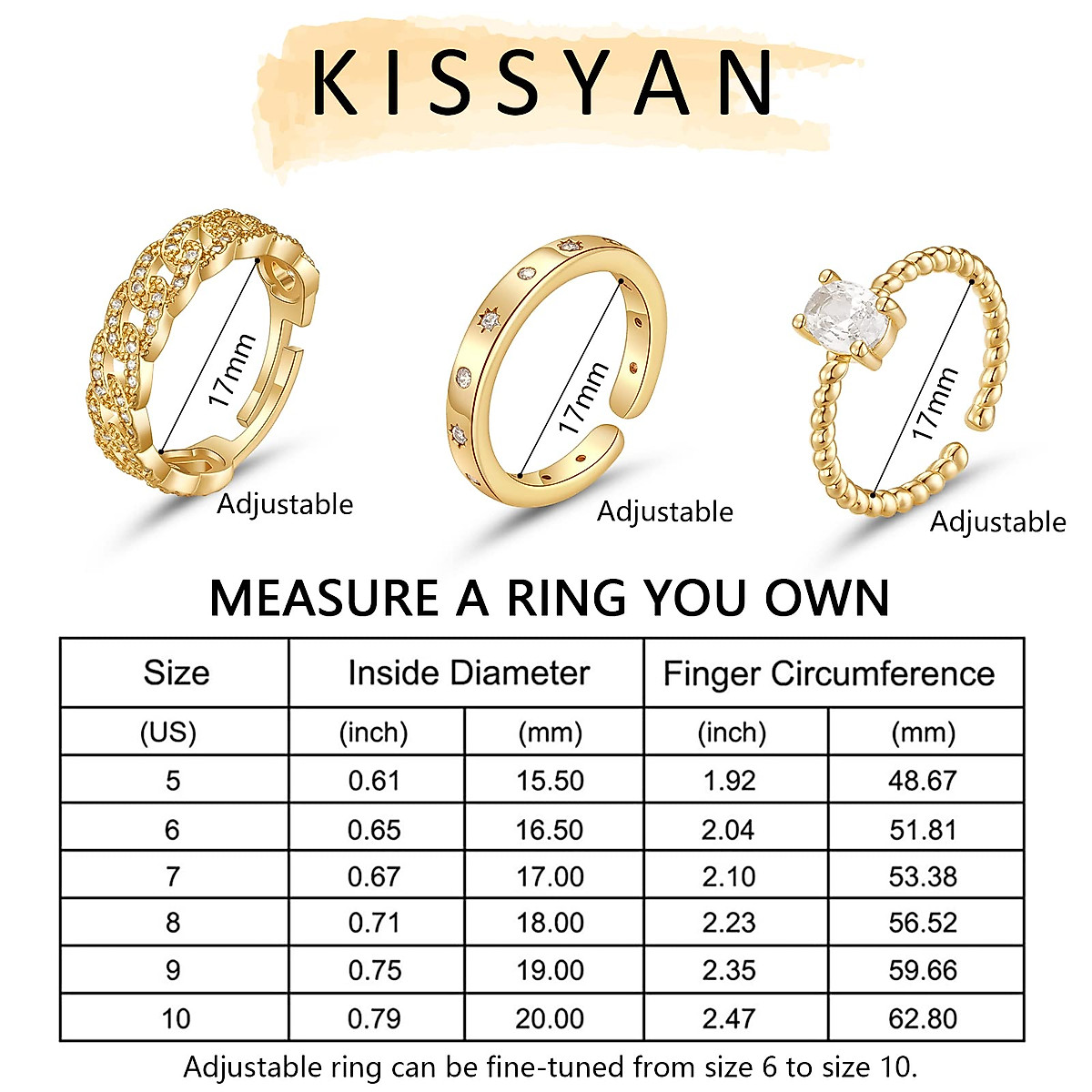 KissYan Gold Ring Set for Women, 14K Gold Plated Stackable Open Knuckle Finger Rings Chunky Twisted Signet Band Rings Adjustable Dainty Jewelry Gifts(06)