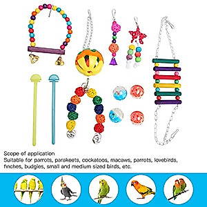 Tnfeeon Bird Swing Toy Set Bird Cage Toys Chewing Hanging Bell Bird Cage Colorful Toys with Wooden Hanging Stand Ladder for Parakeet Cockatiel