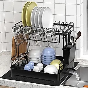 Stofiro Dish Drying Rack with Drainboard, 2 Tier Drying Rack for Kitchen Counter, Rustproof Multipurpose Dish Rack with Cutting Board Holder, Drainage, Utensil Holder, Cup Holder, Dryer Mat