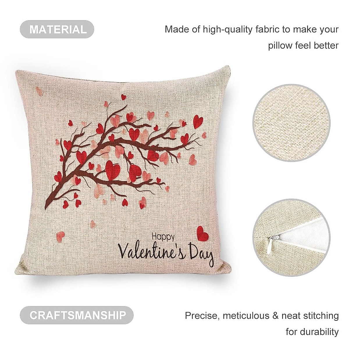 Happy Valentine's Day Throw Pillow Covers 18×18 Pillowcases Set of 2 Love Heart Branch Linen Decorative Square Pillow Case Cushion Covers Standard Size for Sofa Couch Outdoor Bed Pillow Protectors