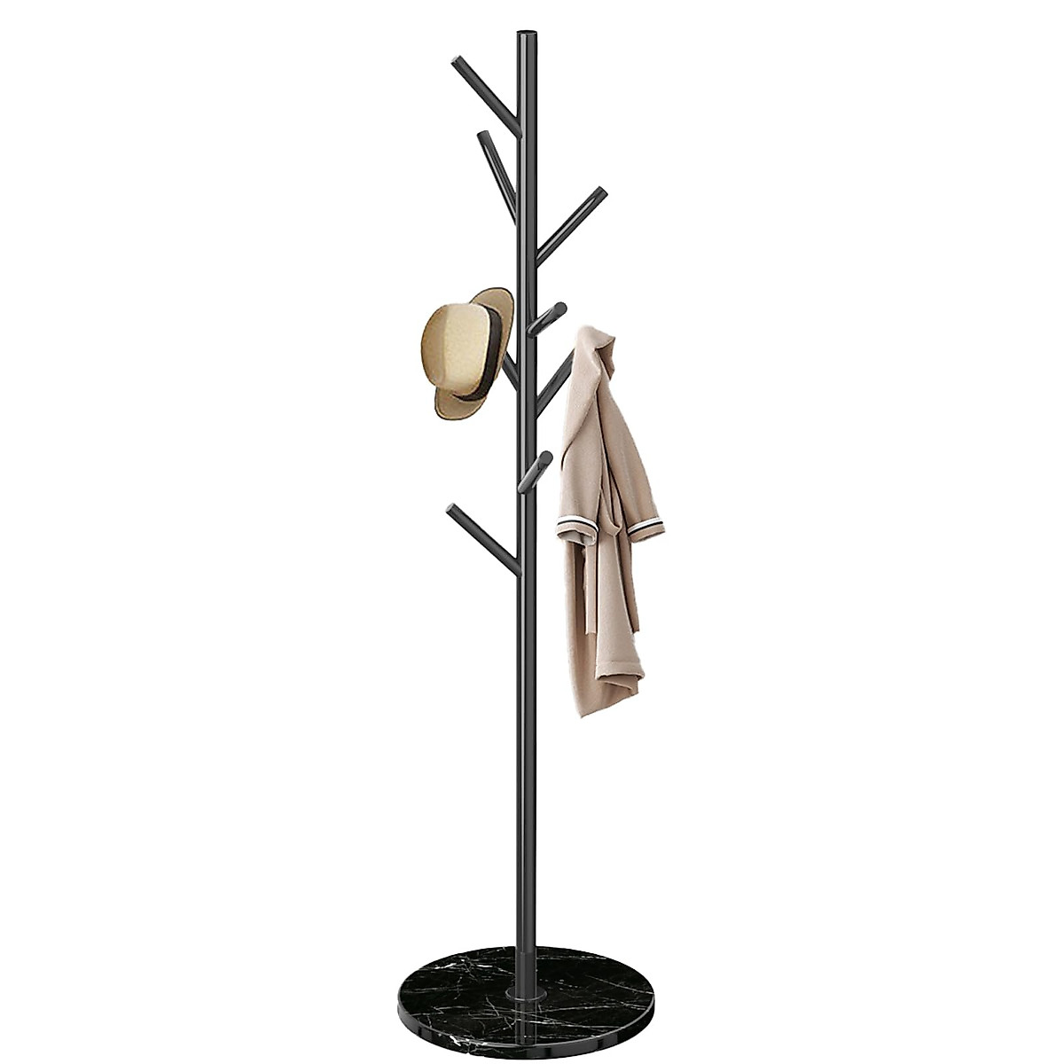 OIRUMIE Coat Rack with Natural Marble Base, Metal Freestanding Coat Rack, Stainless Steel Coat Rack Stand with 8 Hooks for Hanging Scarf, Bag, Jacket, Black Coat Hall Tree Hanger Holder Stand