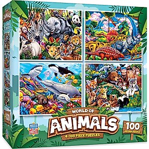 MasterPieces – Jigsaw Puzzle Set for Kids 6+ Years, 4-Pack of 100 Pieces, Educational and Fun Game, World of Animals Collection, Gift Idea for Children, 8" x 10