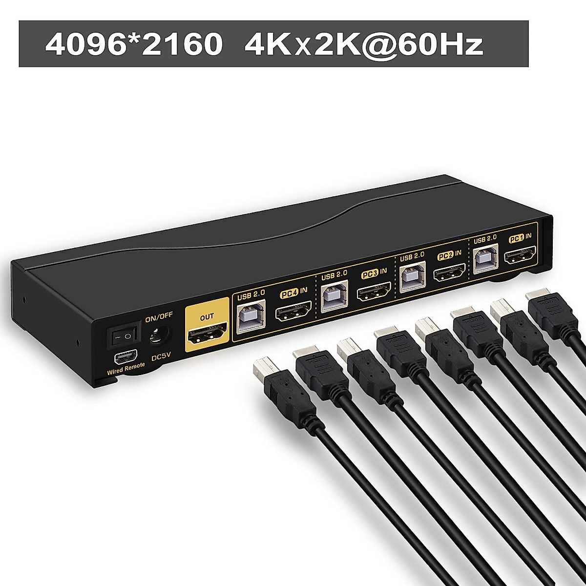 CKLau KVM Switch HDMI 4 Port wit Audio and 4 kit Cables, 4 Port HDMI KVM Switch Support 4K@60Hz 4:4:4, EDID, Hotkey Switching