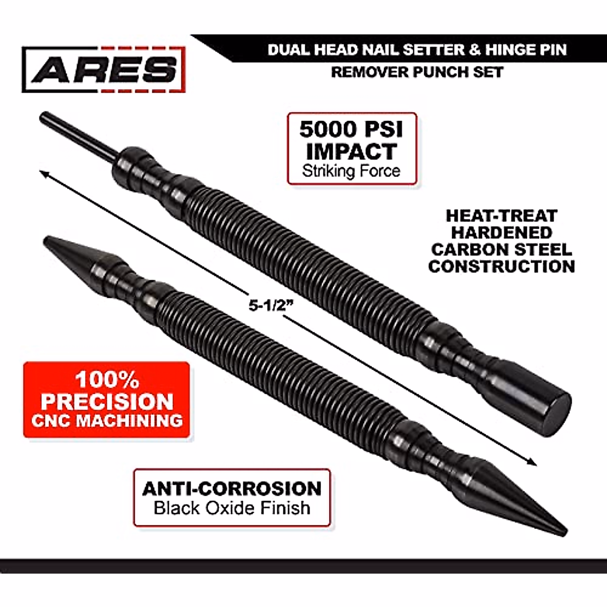 ARES 10012 – 2-Piece Dual Head Nail Setter & Hinge Pin Remover Punch Set – Nail Setter Features 1/32-Inch (#1) and 1/16-Inch (#2) Dual Head Design – CNC-Precision Machined - 5000 PSI Striking Force