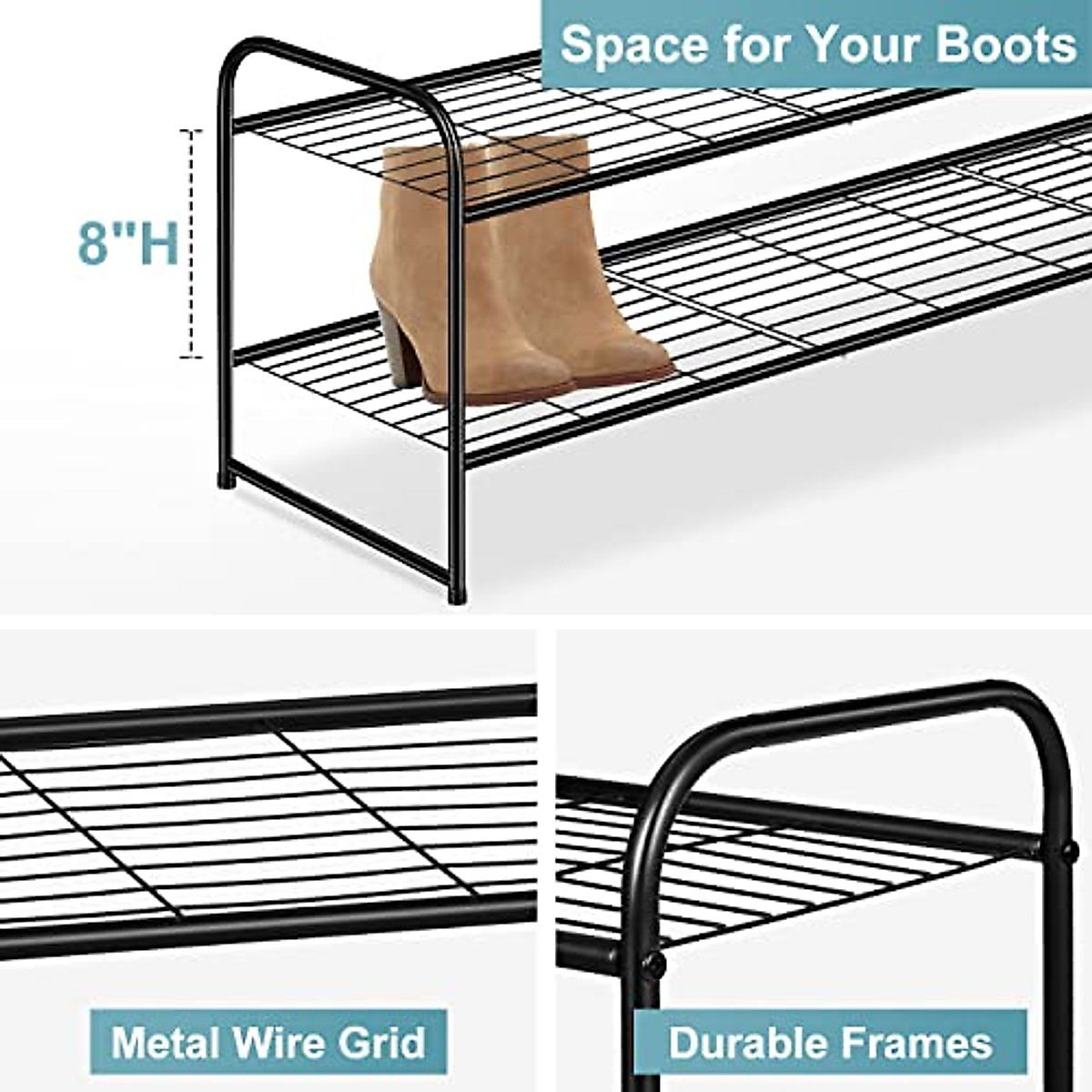 AOODA Long 2 Tier Shoe Rack for Closet Metal Wide Stackable Shoe Storage Organizer for Entryway, Bedroom, Floor, 18-Pairs Low Shoe Shelf, Black