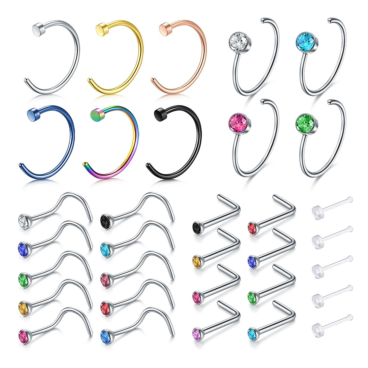 Zolure 18g 20g 22g Nose Rings Nose Studs Surgical Stainless Steel Screw L Shaped Pin Bone Nose Nostrial Piercing Jewerly for Women Men