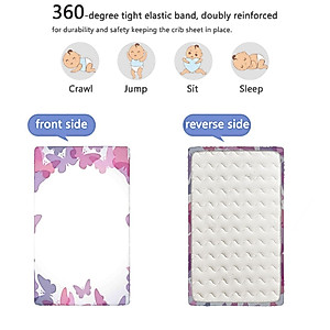 Butterfly Themed Fitted Crib Sheet,Standard Crib Mattress Fitted Sheet Toddler Bed Mattress Sheets-Great for Boy or Girl Room or Nursery, 28“ x52“,Pink Purple Gray
