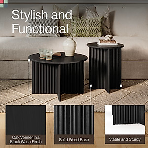 Round Fluted Nesting Coffee Table - 2 Piece Coffee Table Set - Living Room Furniture - Modern Home Decor - Solid Wood Base and Wood Grain Veneer Top (Blackened Oak)