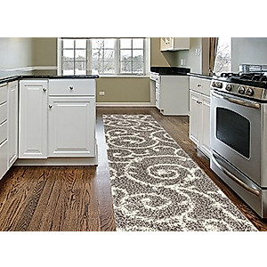 Cozy Contemporary Scroll L.Grey-White 2' X 7'2" Indoor Shag Area Rug Runner