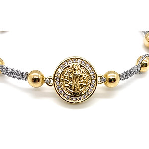 Alea Collection St Benedict Cubic Zirconia Medal Metallic Silver String Protective Bracelet Against Bad Energies and Envy