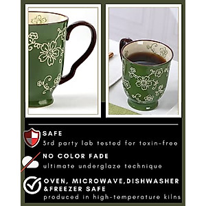 KUNABOO Artisanal Ceramic Mugs, Ceramic Coffee Cups, Coffee Mug Set of 2-11 oz -Sakura Floral Series Pine Green - Ready to Wrap Gift