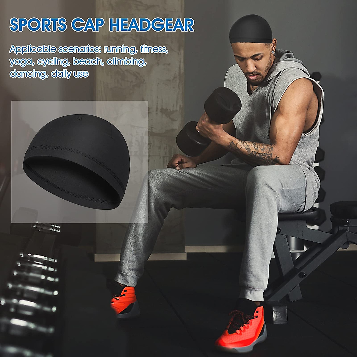 Yolev 4 Pieces Men Skull Caps Soft Helmet Liner Cycling Running Hat Cotton Beanie Sweat Wicking for Men Women Black