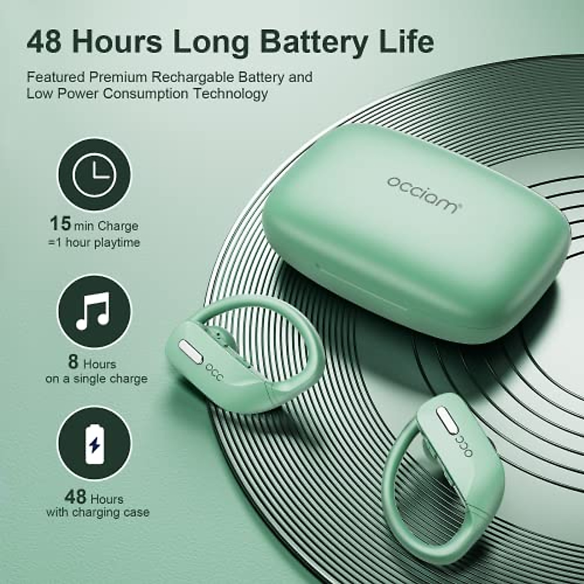 occiam Wireless Earbuds Bluetooth Headphones 48H Play Back Earphones in Ear Waterproof with Microphone LED Display for Sports Running Workout Green