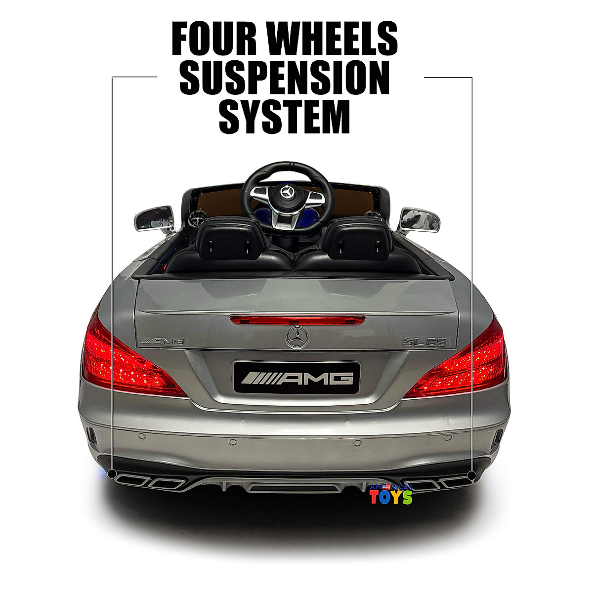 Americas Toys Kids Car with Remote Control, Mp4 Touch Screen, LED Wheels, Leather Seat – Electric Car for Kid to Drive, Open Trunk, Pull Handle, Compatible with Mercedes Benz Painted Silver