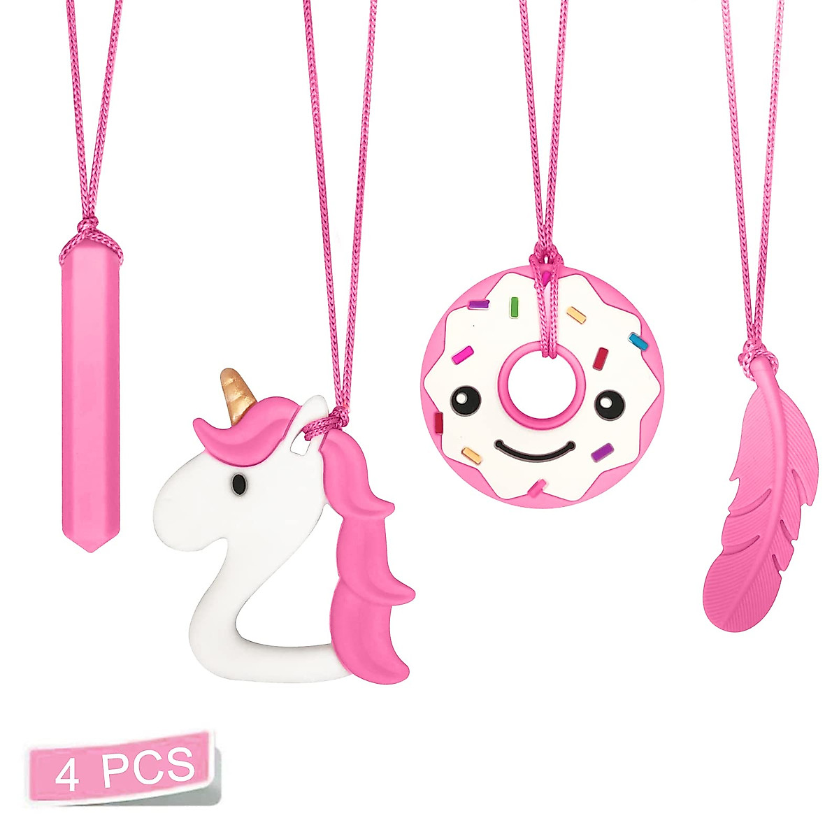 Chew Necklace for Girls-4 Pcs Silicone Chewy Necklaces for Kids or Adults That Like Biting or Have Autism,ADHD,SPD,Teething,Oral Motor Chew Toys Sensory(Pink)