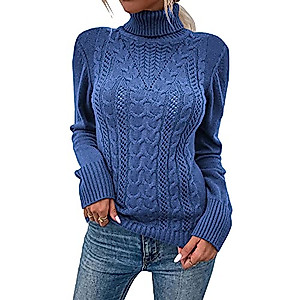 Hongqizo Women Casual Turtleneck Long Sleeve Sweater Cable Knit Pullover Solid Slim Fit Sweater Turtleneck Tops Navy