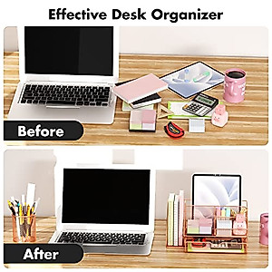 MooManGoo Rose Gold Office Desk Organizers and Accessories with Sliding Drawer, Pen Holder, Stapler, 6 Compartments +72 Clips Set, Office Supplies Mesh Desktop File Organizer for Women Home School